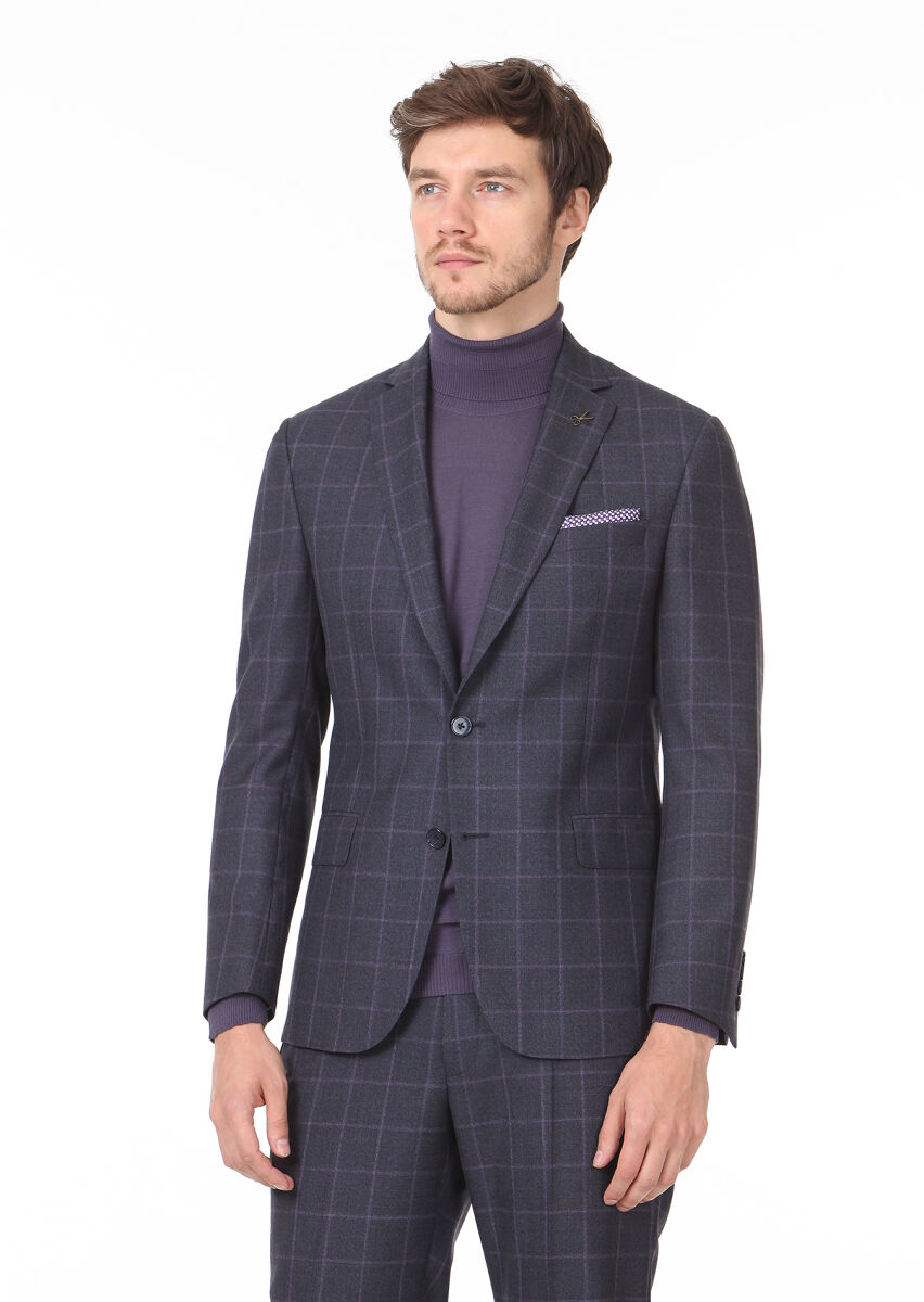 Navy Blue Checkered Zeroweight Slim Fit 100% Wool Suit